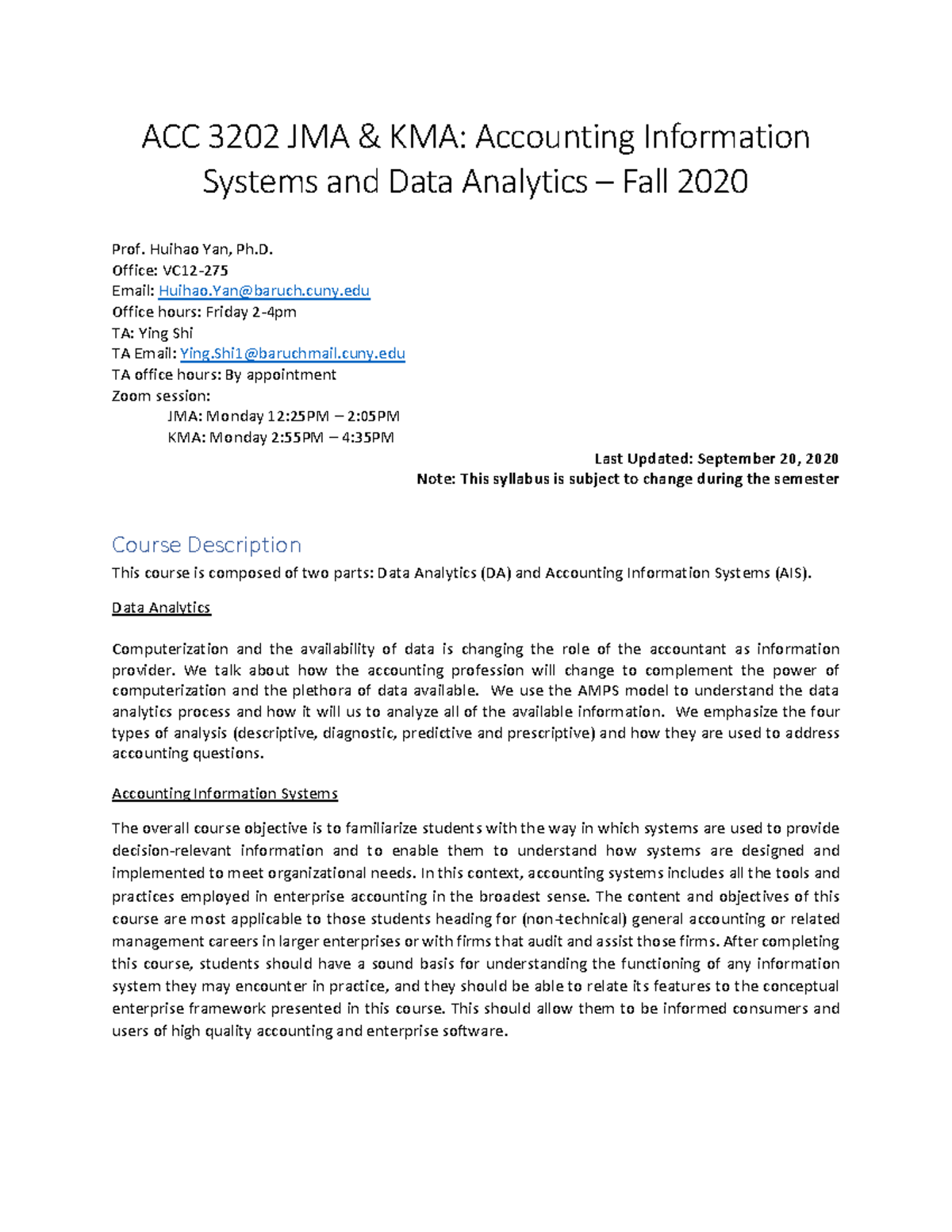 ACC 3202 Syllabus Fall 2020 - ACC 3202 JMA & KMA: Accounting ...
