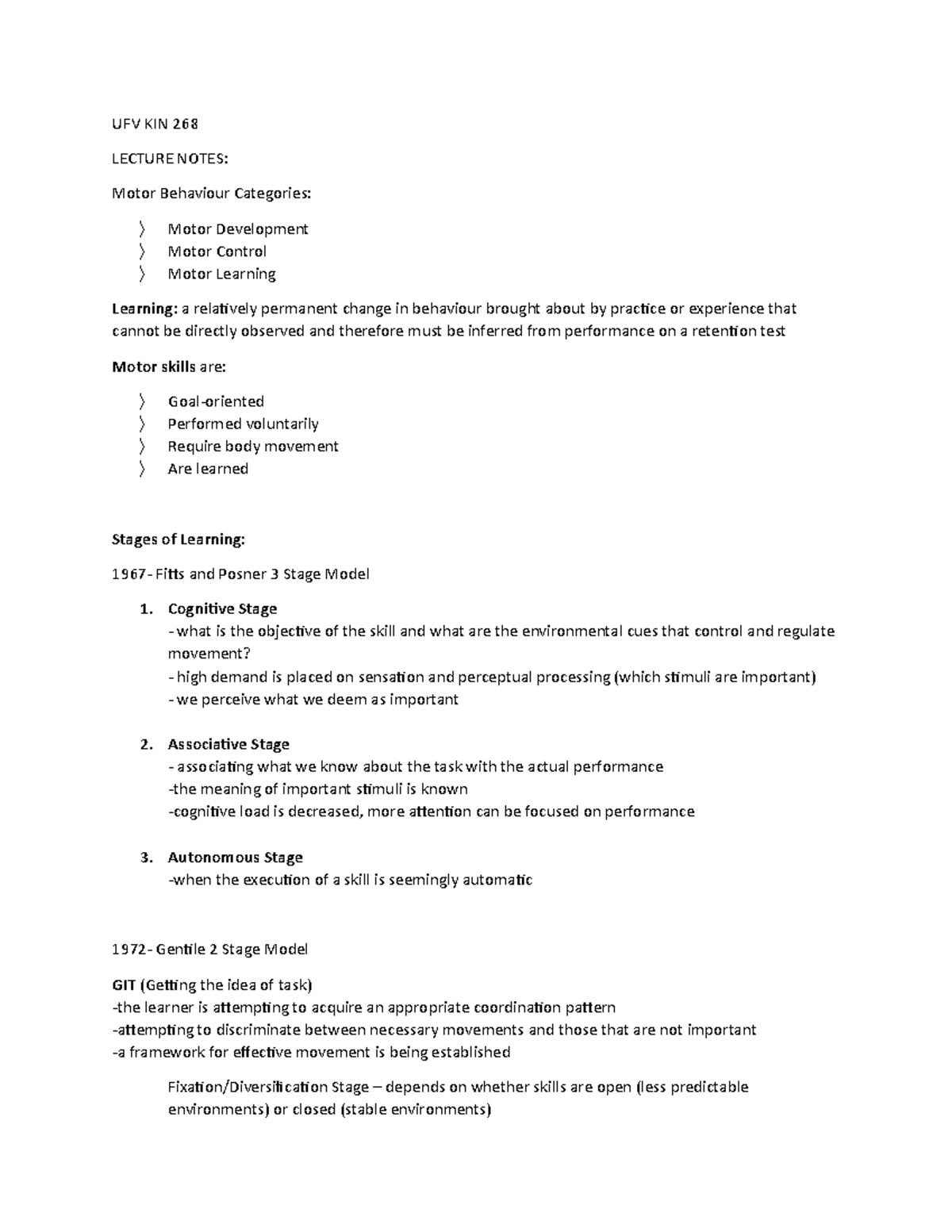 Lecture Notes KPE/KIN 268 - UFV KIN 268 LECTURE NOTES: Motor Behaviour ...