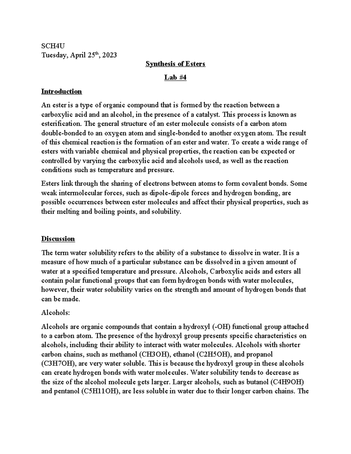 Synthesis of Esters SCH4U Lab #4 - Aeran Crispin - SCH4U Tuesday, April ...