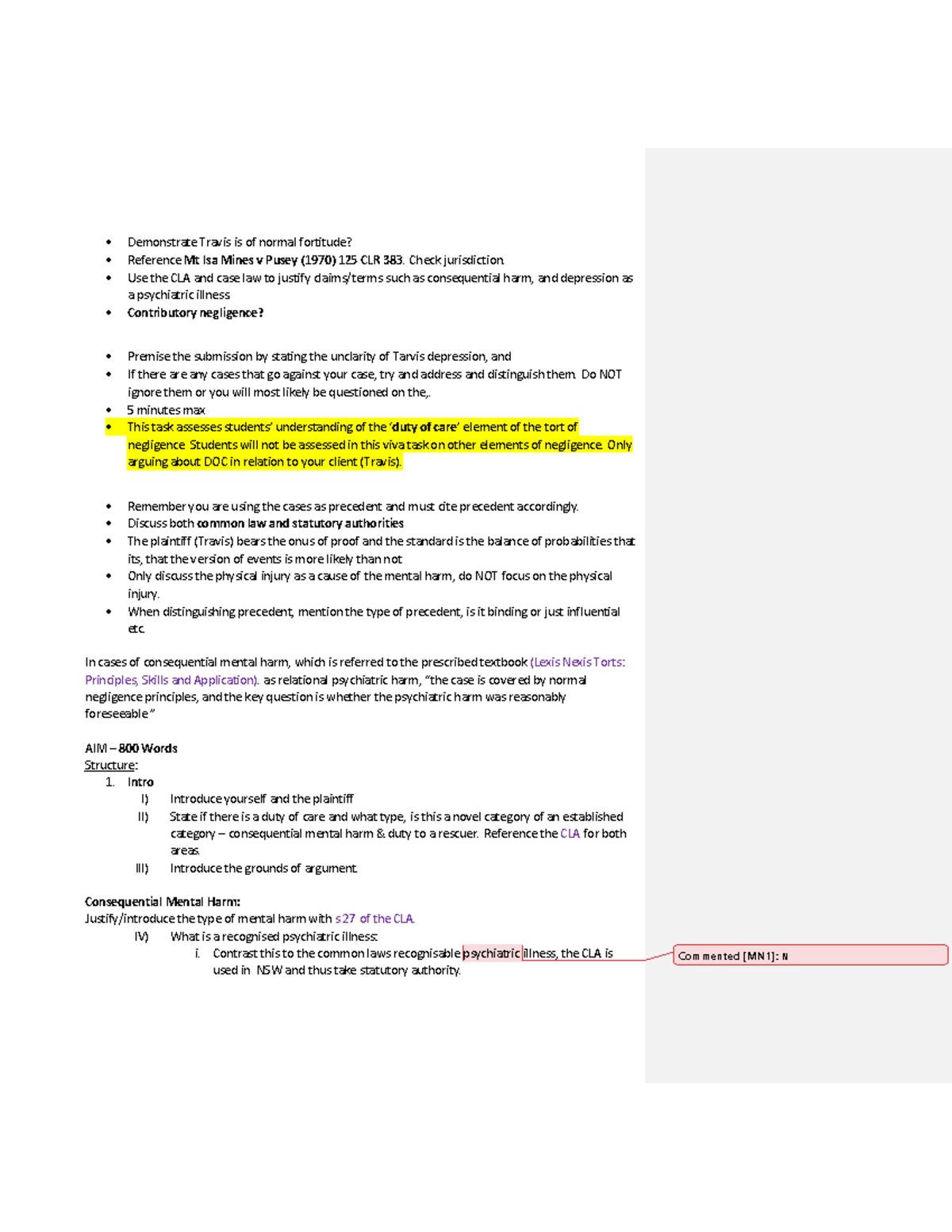 Torts Viva Voce Script - Demonstrate Travis is of normal fortitude? Reference Mt Isa Mines v ...