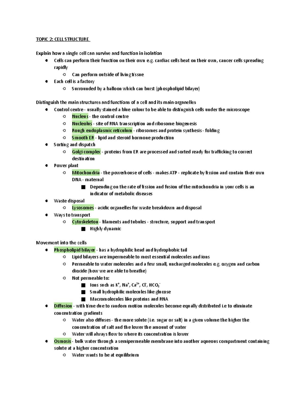 Topic 2 cell structure - Lecture notes - TOPIC 2: CELL STRUCTURE ...