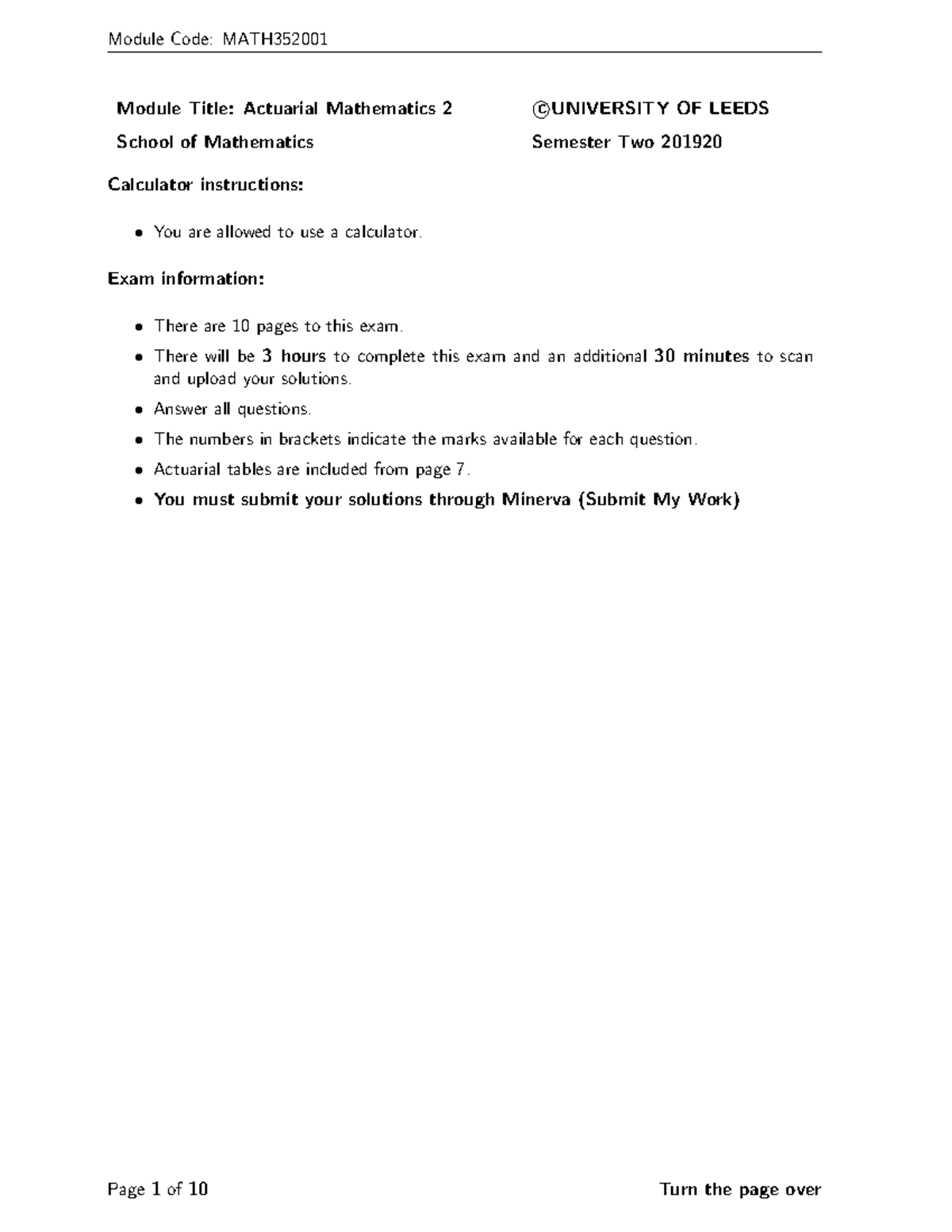 Actuarial Mathematics 2 2020 Past Paper - Module Title: Actuarial ...