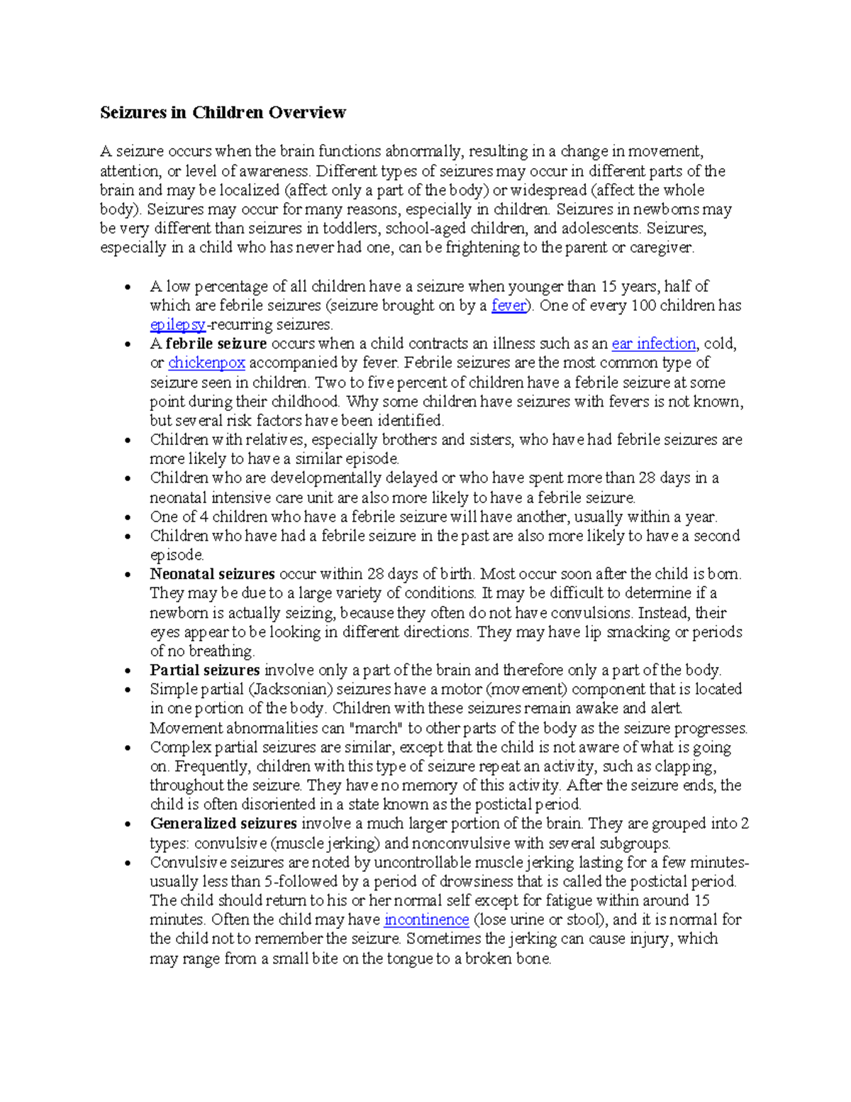 Seizures in Children Overview - Different types of seizures may occur ...