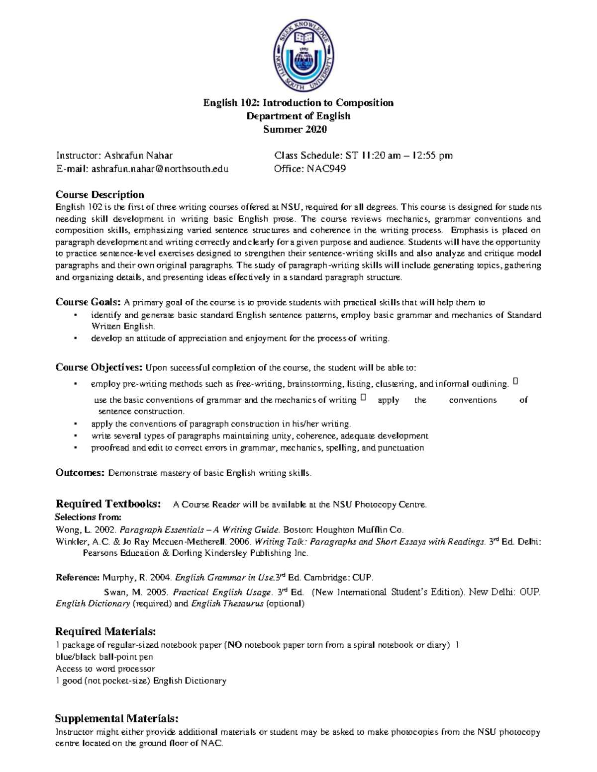 Eng 102 Course Outline English 102 Introduction To Composition