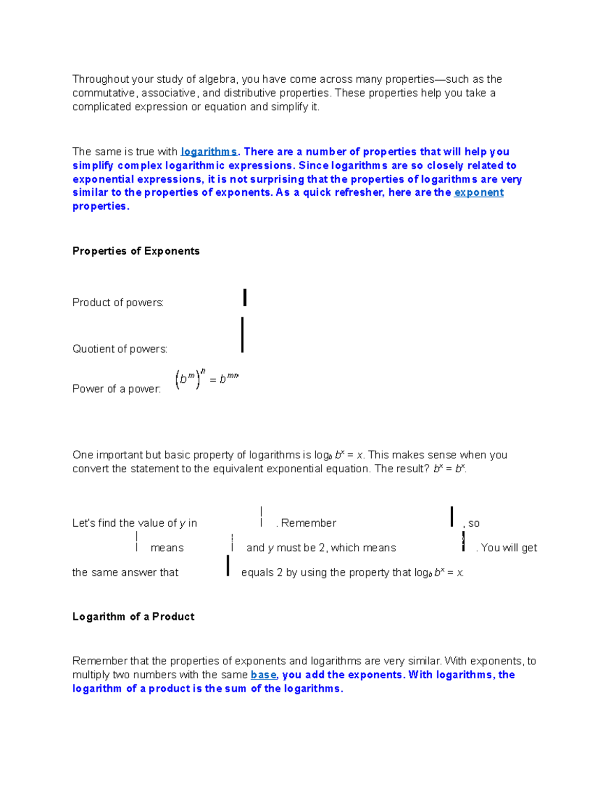 Logarithm Properties - LECTURE NOTES - Throughout your study of algebra ...