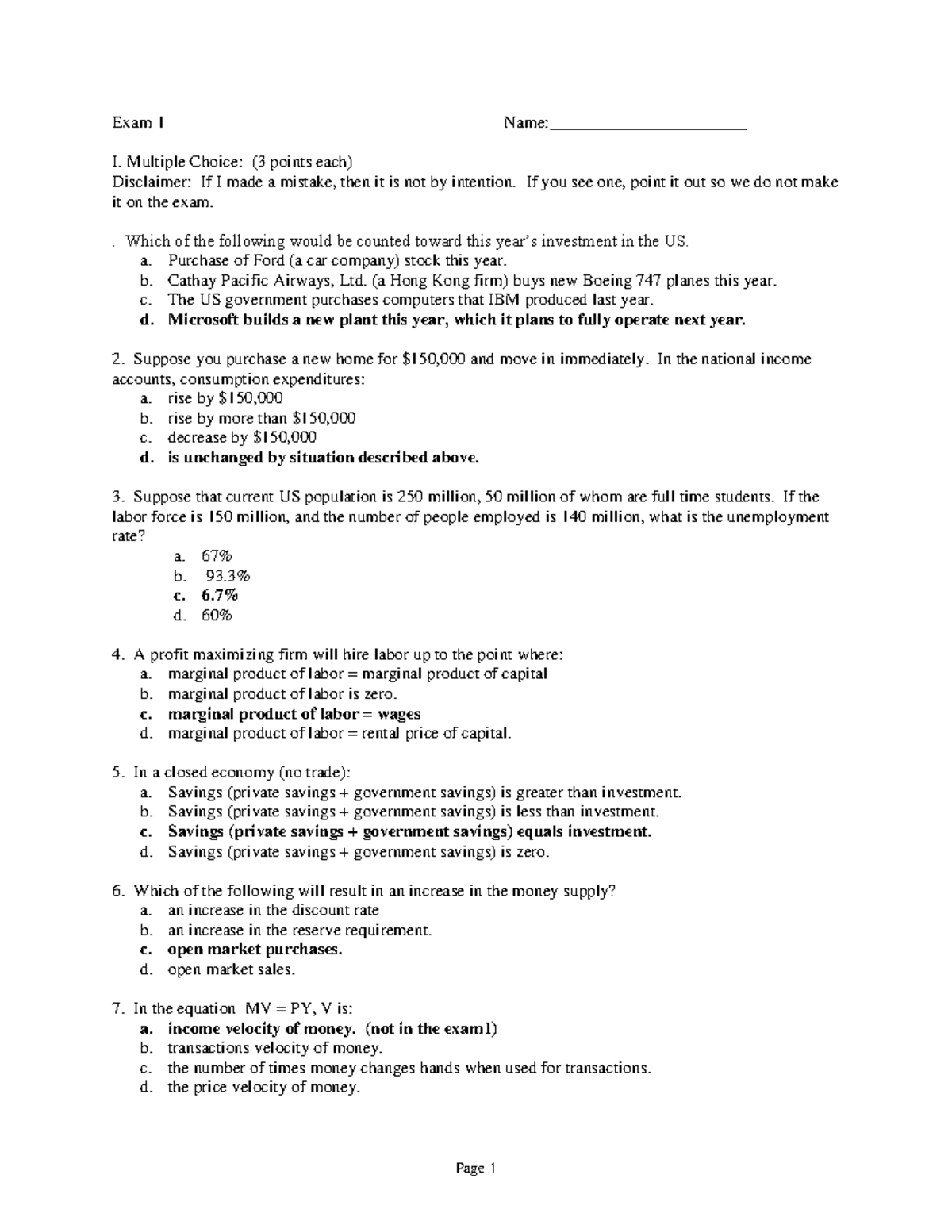 Old MT 1-version 2- MC-key - Page 1 Exam 1 Name ...