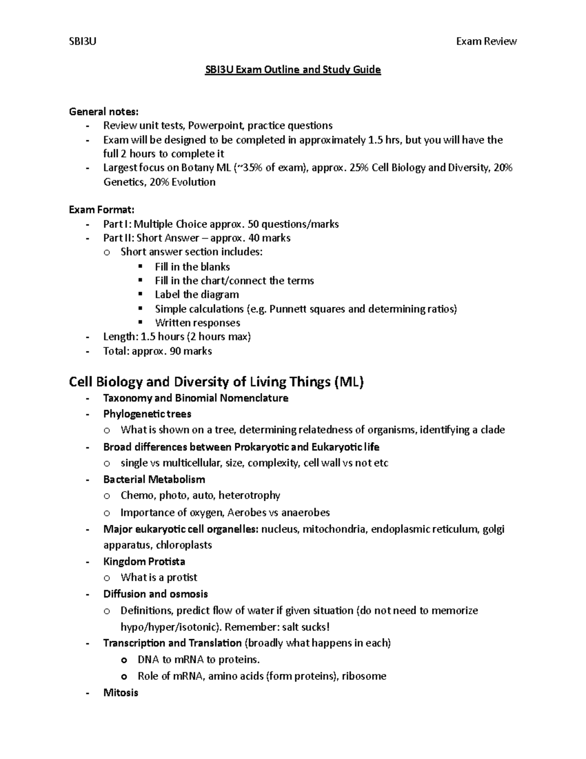 SBI3U EXAM Outline - biology - SBI3U Exam Outline and Study Guide ...