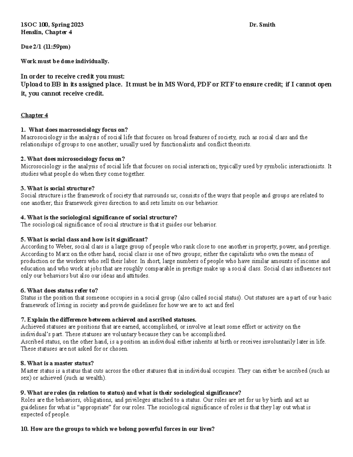 Chapter 4 Assignment - 1SOC 100, Spring 2023 Dr. Smith Henslin, Chapter ...