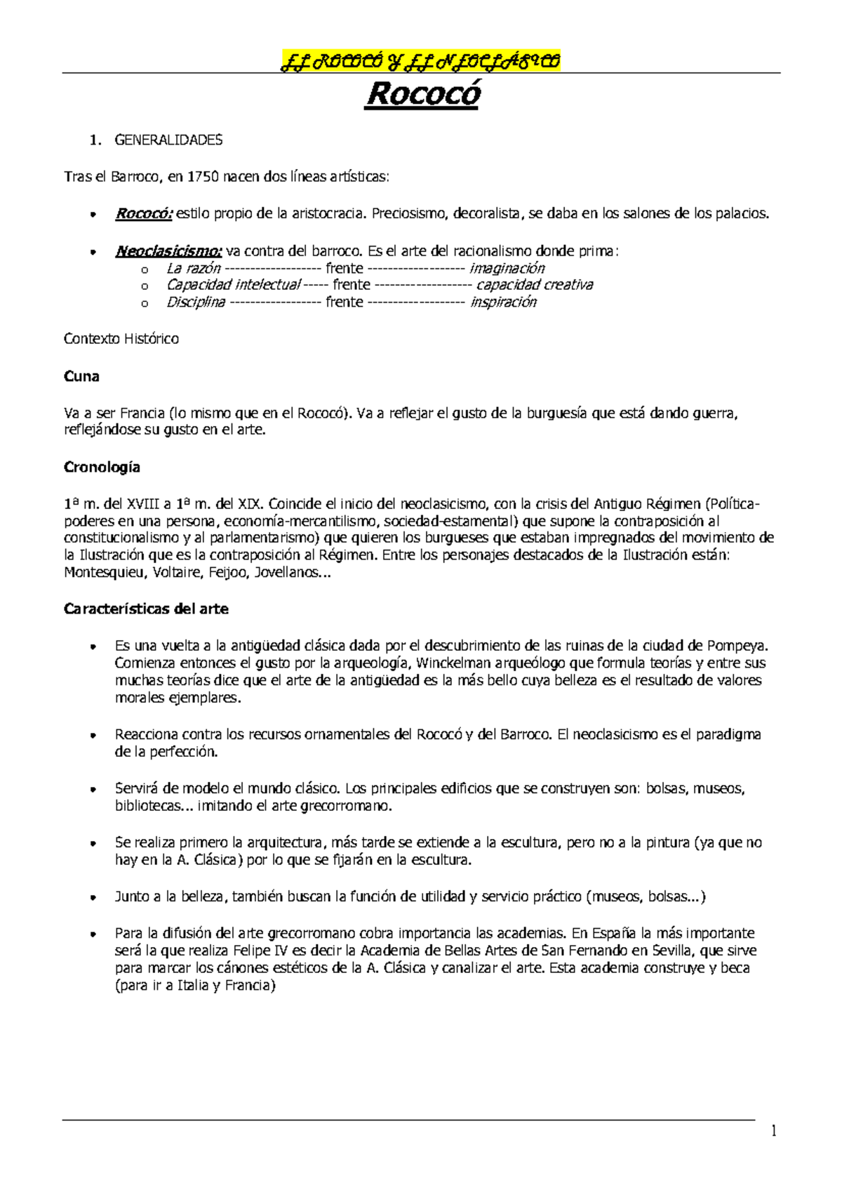 Del Rococo al Neoclasico - Rococó 1. GENERALIDADES Tras el Barroco, en ...