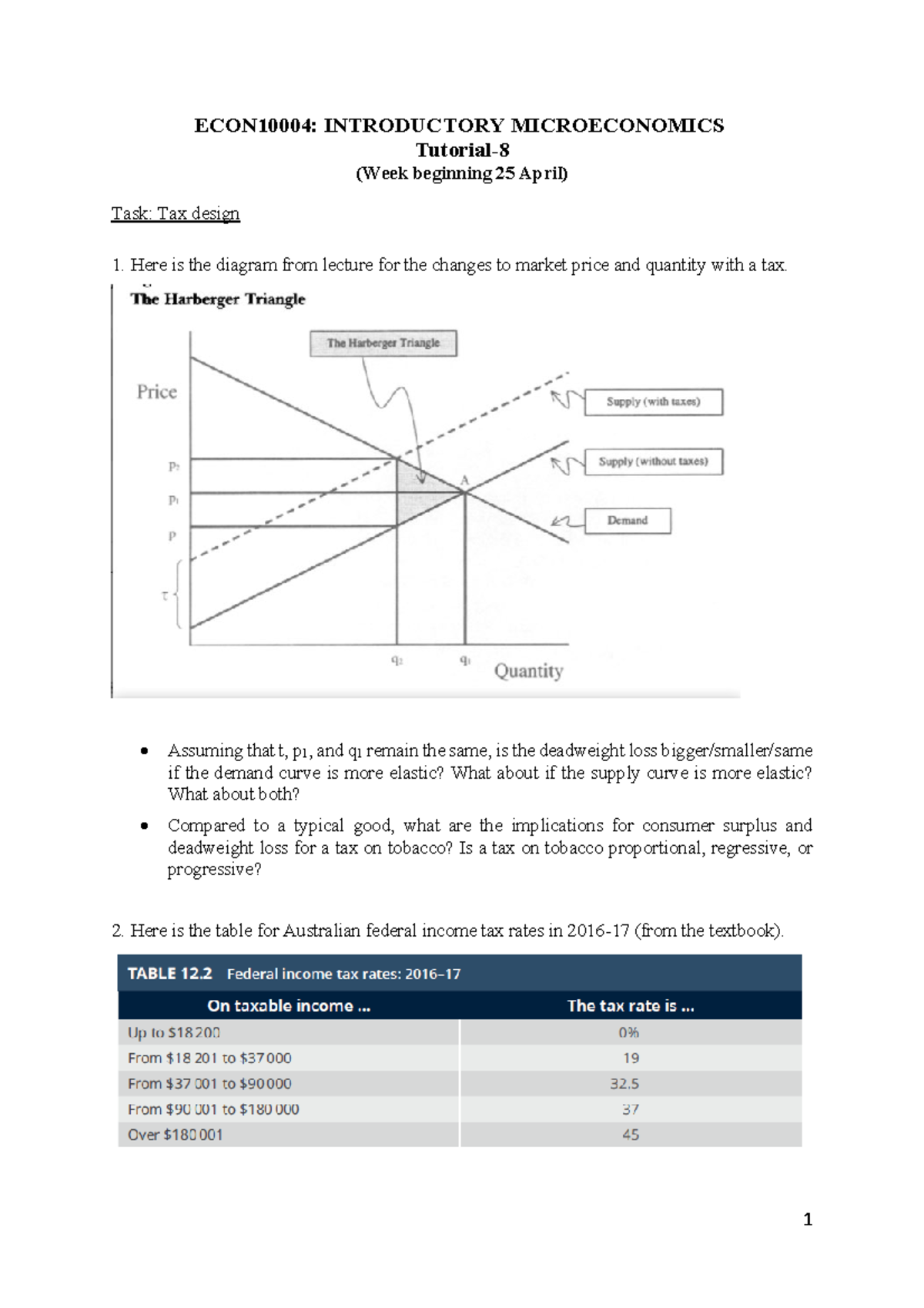 Week 8 In-Tutorial Questions - 1 ECON10004: INTRODUCTORY MICROECONOMICS Tutorial- (Week ...