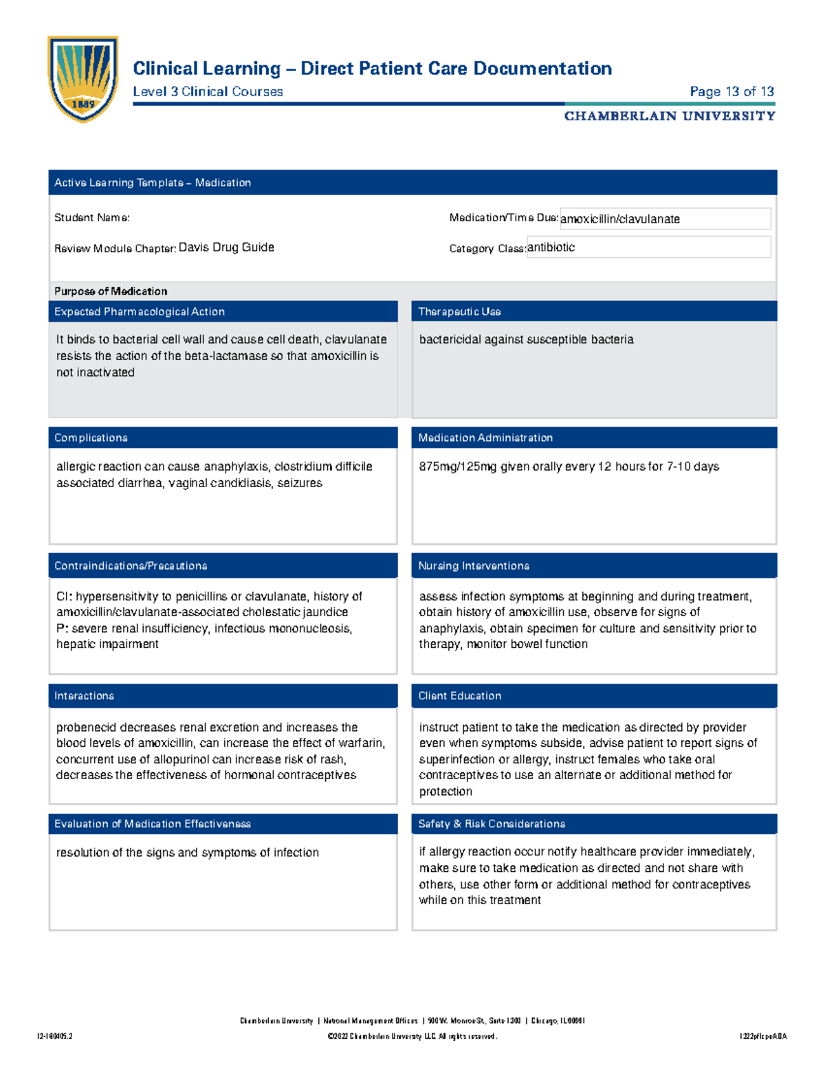 Medication ALT: Amoxicillin - NR-325 - Chamberlain University - Studocu
