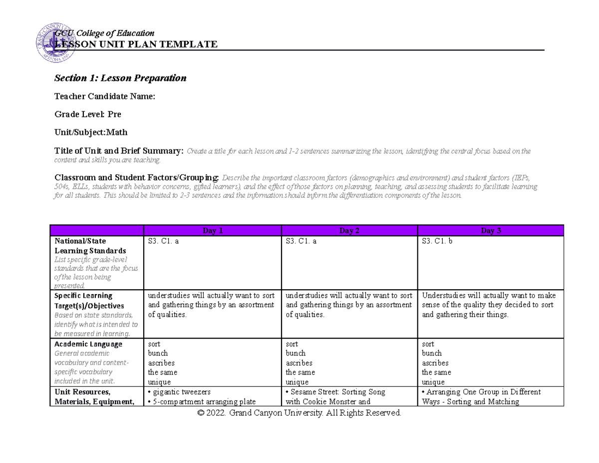 ECE 455 T5 Unit Plan Template 3daycoursework for math class ece 455 ...