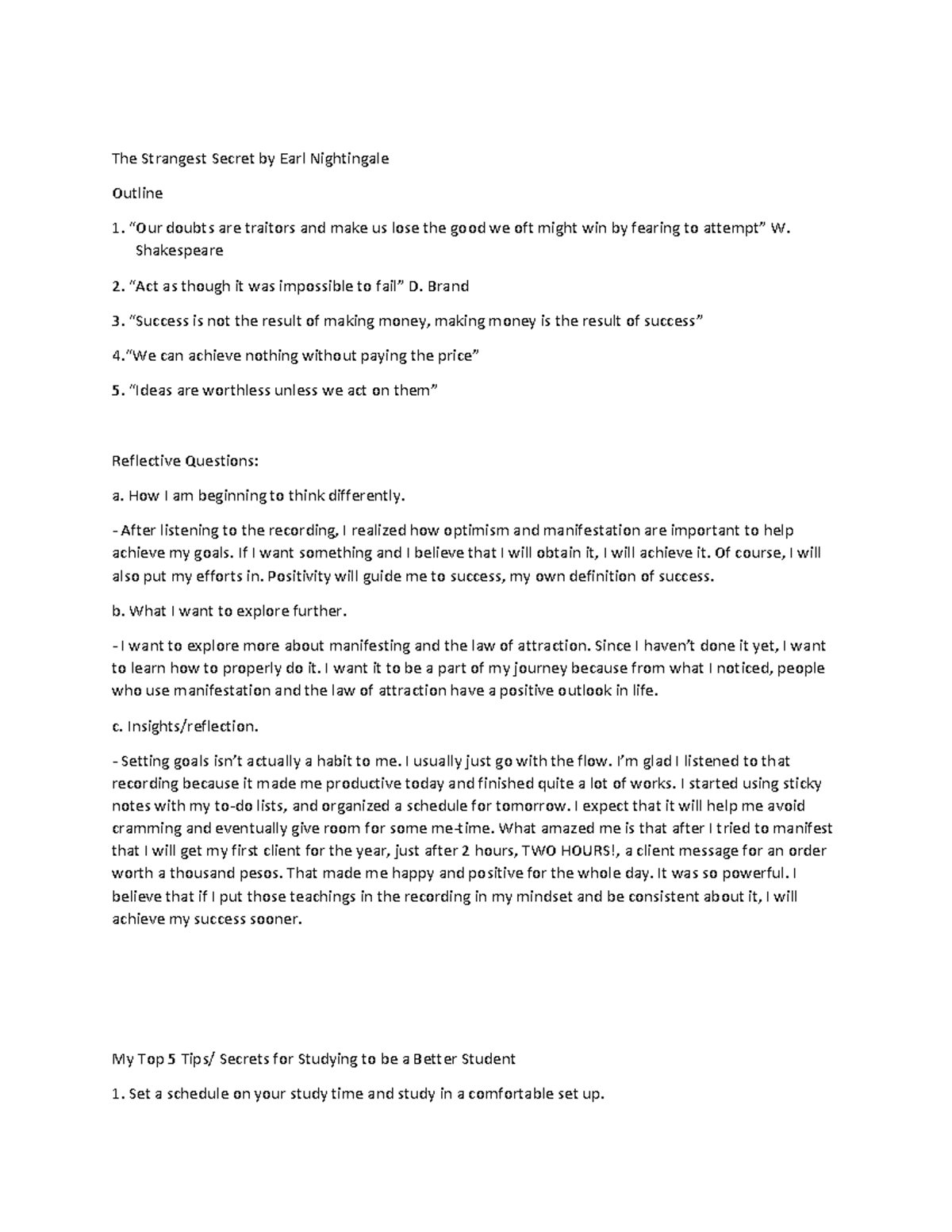 UTS - outline for "The Strangest Secret by earl nightingale" - The ...