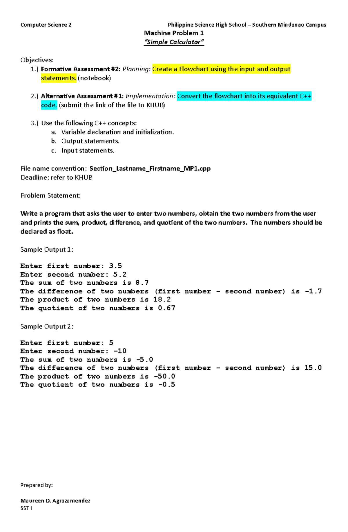 Machine Problem 1 Prepared By Maureen D Agrazamendez Machine Problem 1 “simple Calculator