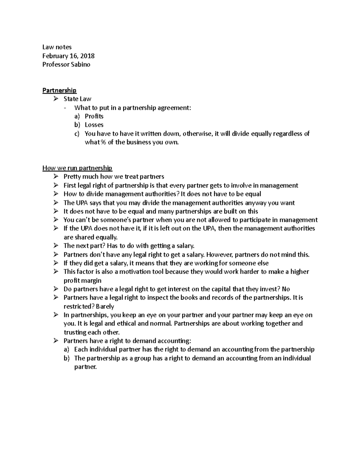 Law notes 5 - Law notes February 16, 2018 Professor Sabino Partnership ...