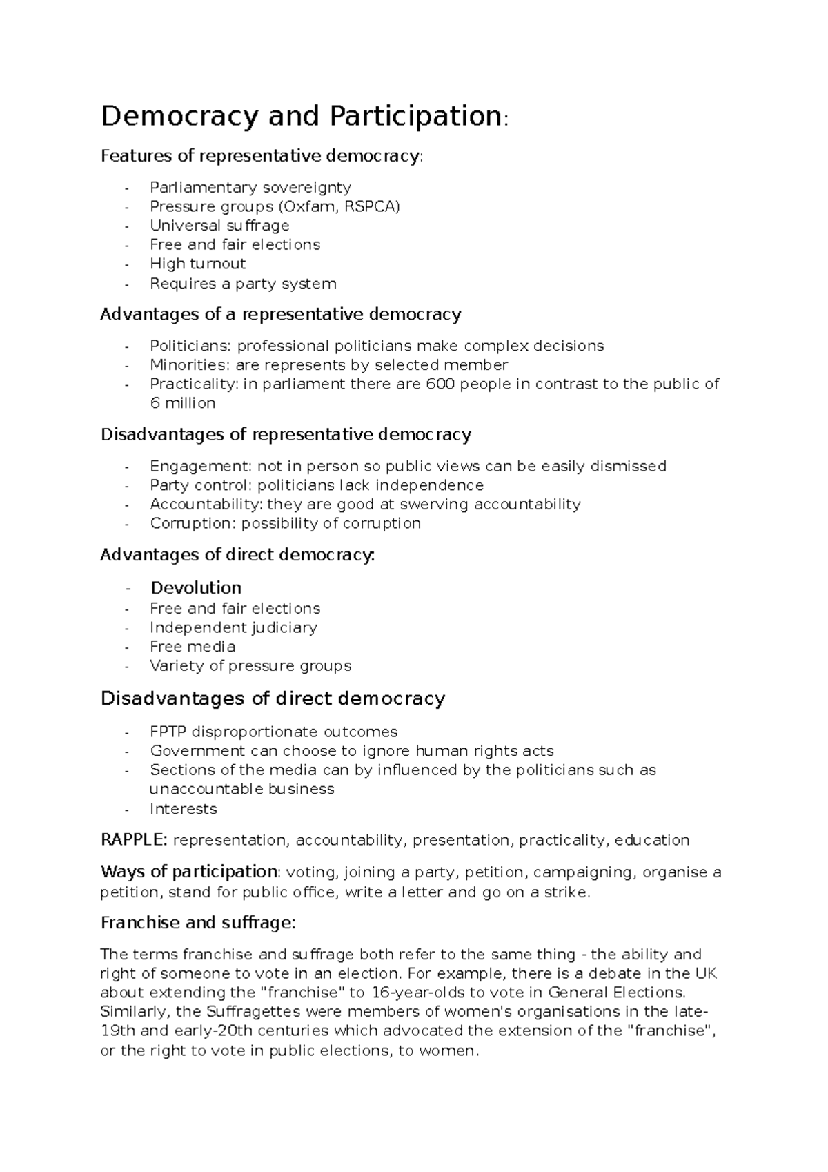 Component 1 - UK politics notes - Democracy and Participation: Features ...