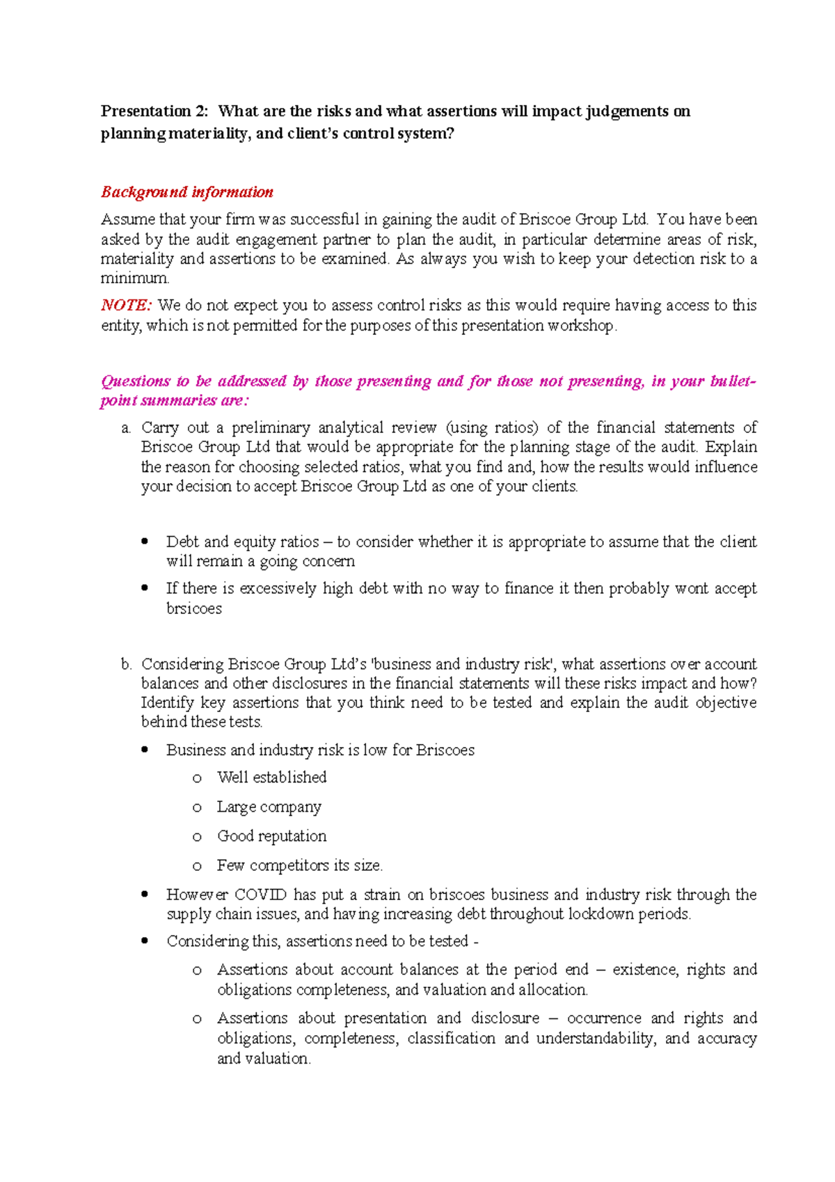 Bullet Point Summary 1 - Presentation 2: What are the risks and what ...