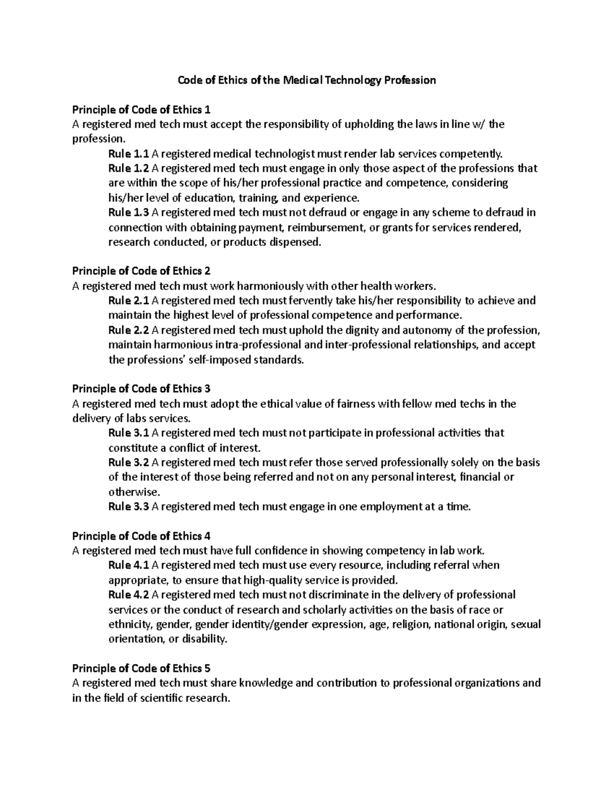 Code of Ethics of the Medical Technology Profession - Rule 1 A ...