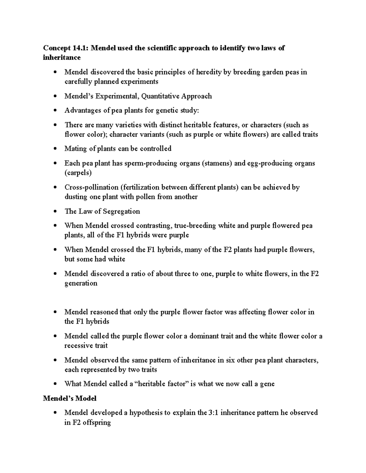 Biochem chapter 14 notes - Concept 14: Mendel used the scientific ...