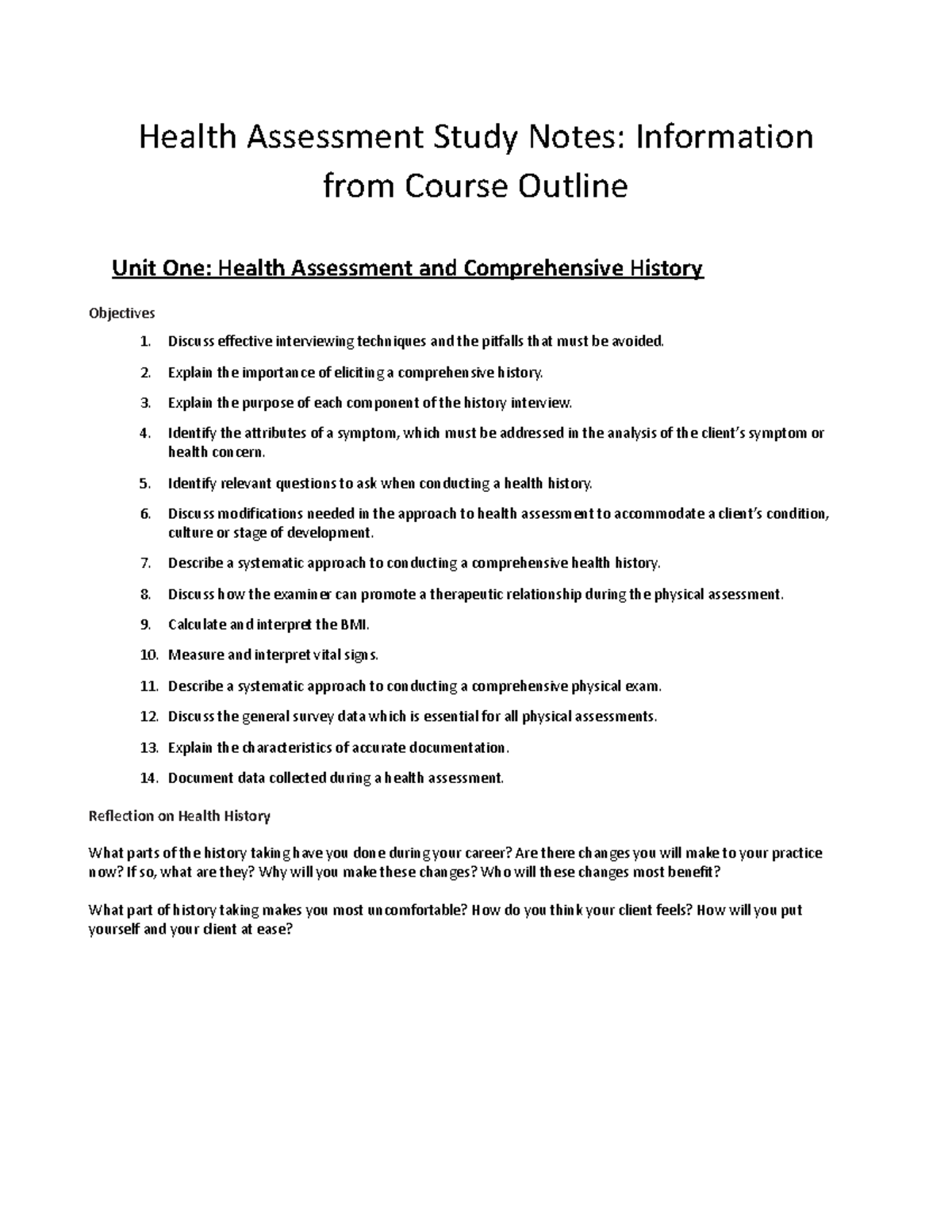 Health Assessment Study Objectives - Health Assessment Study Notes ...