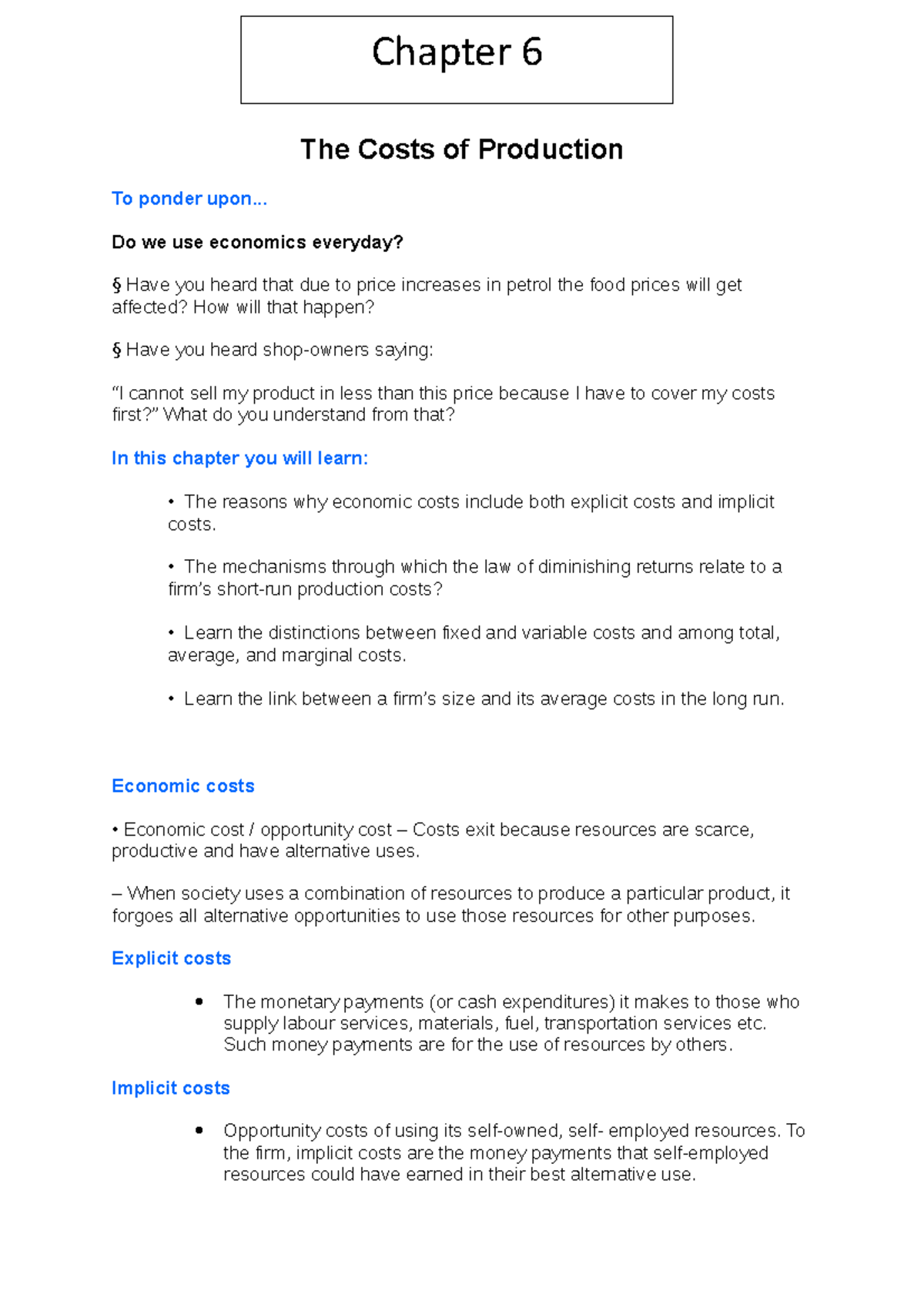 Chapter 6 - Lecture notes Week 9 - The Costs of Production To ponder ...