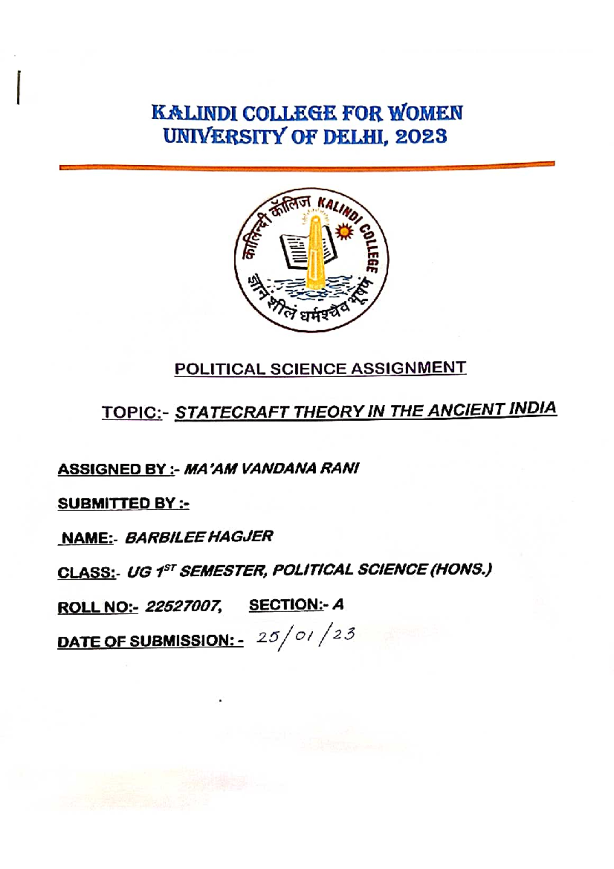 Statecraft in ancient India - KALINDI COLLEGE FOR WOMEN UNIVERSITY OF ...