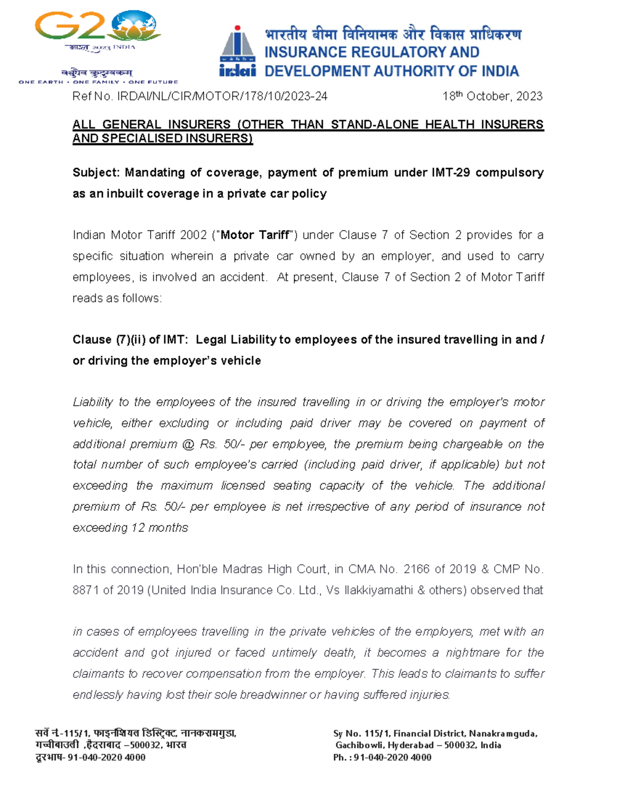 Circular on compulsory IMT 29 under Motor insurance - सवő नं.-115/1 ...