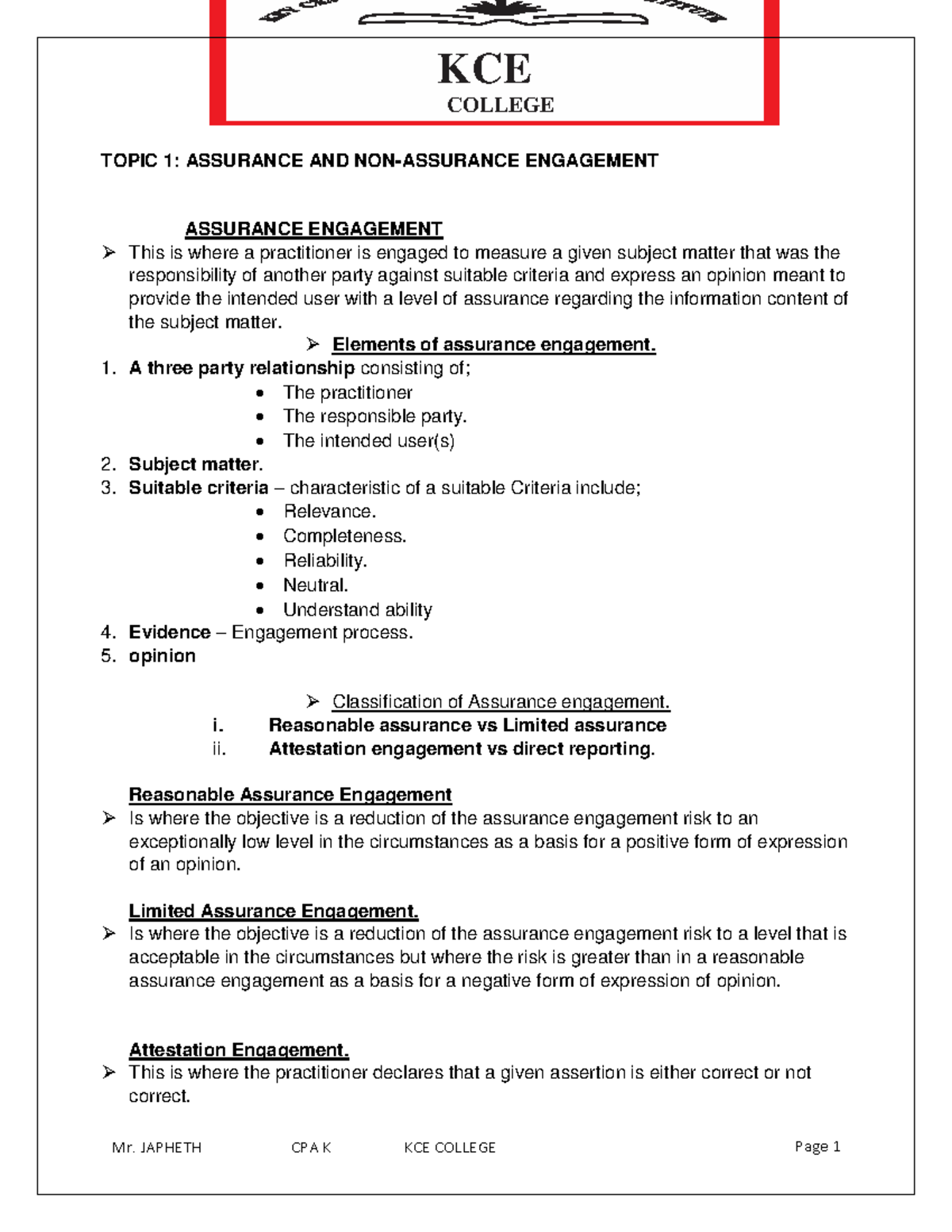 AA NOTEs - PDF kce - Mr. JAPHETH CPA K KCE COLLEGE Page 1 KCE COLLEGE ...