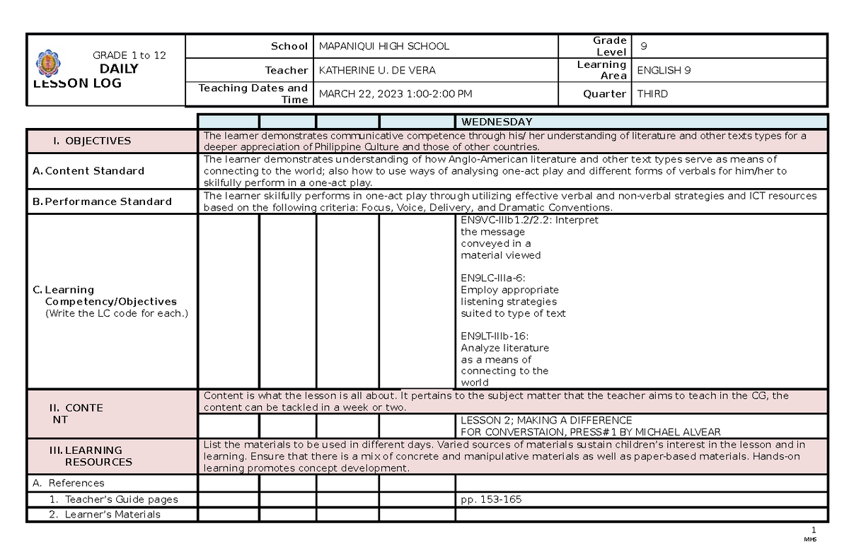 Grade 9 DLL Classroom Observation - GRADE 1 to 12 DAILY LESSON LOG School MAPANIQUI HIGH SCHOOL ...