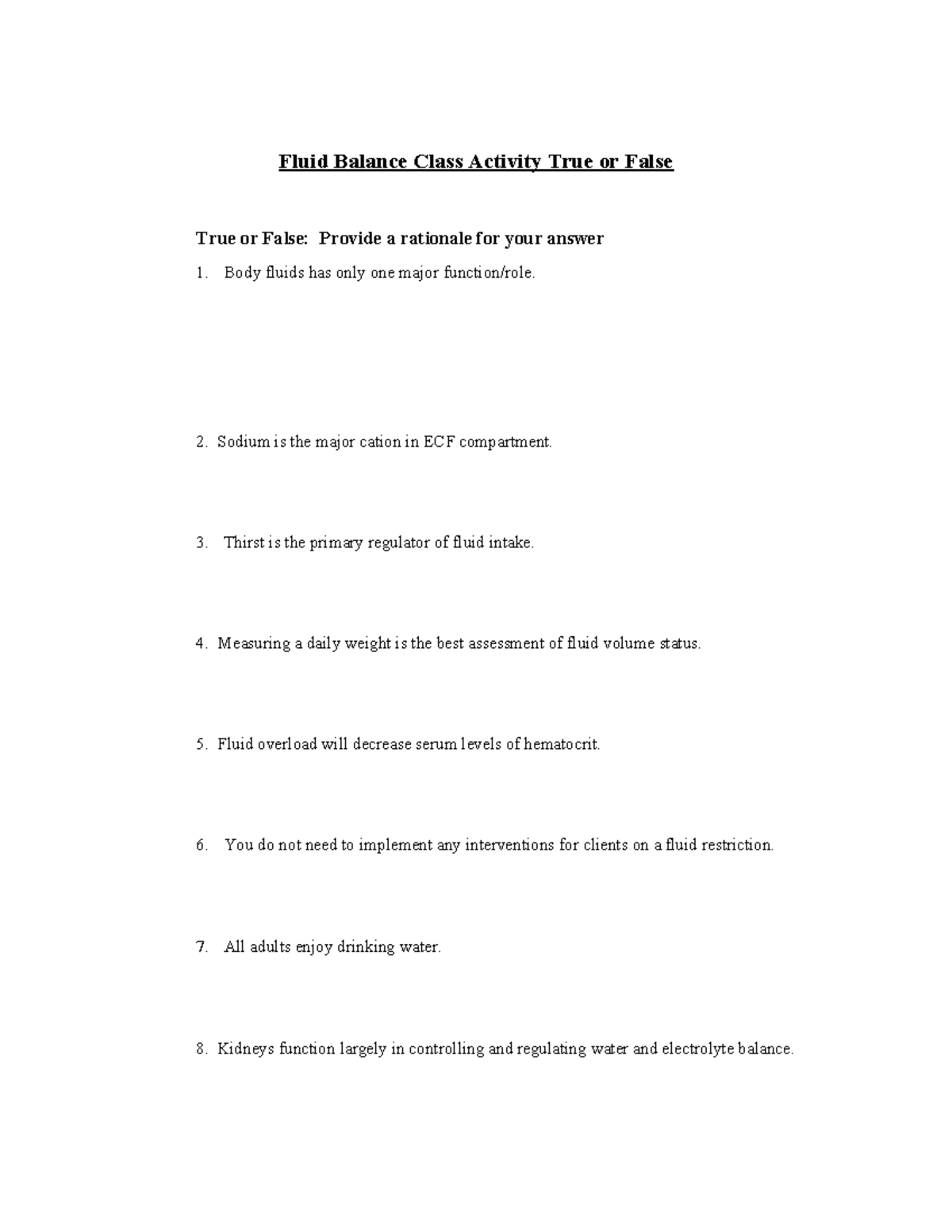 Fluid Balance Nclex and True False - Fluid Balance Class Activity True ...