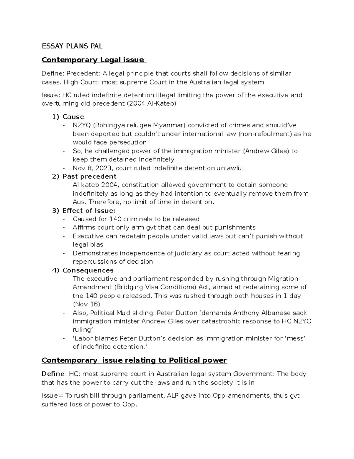 Essay plan Politics and Law - ESSAY PLANS PAL Contemporary Legal issue ...