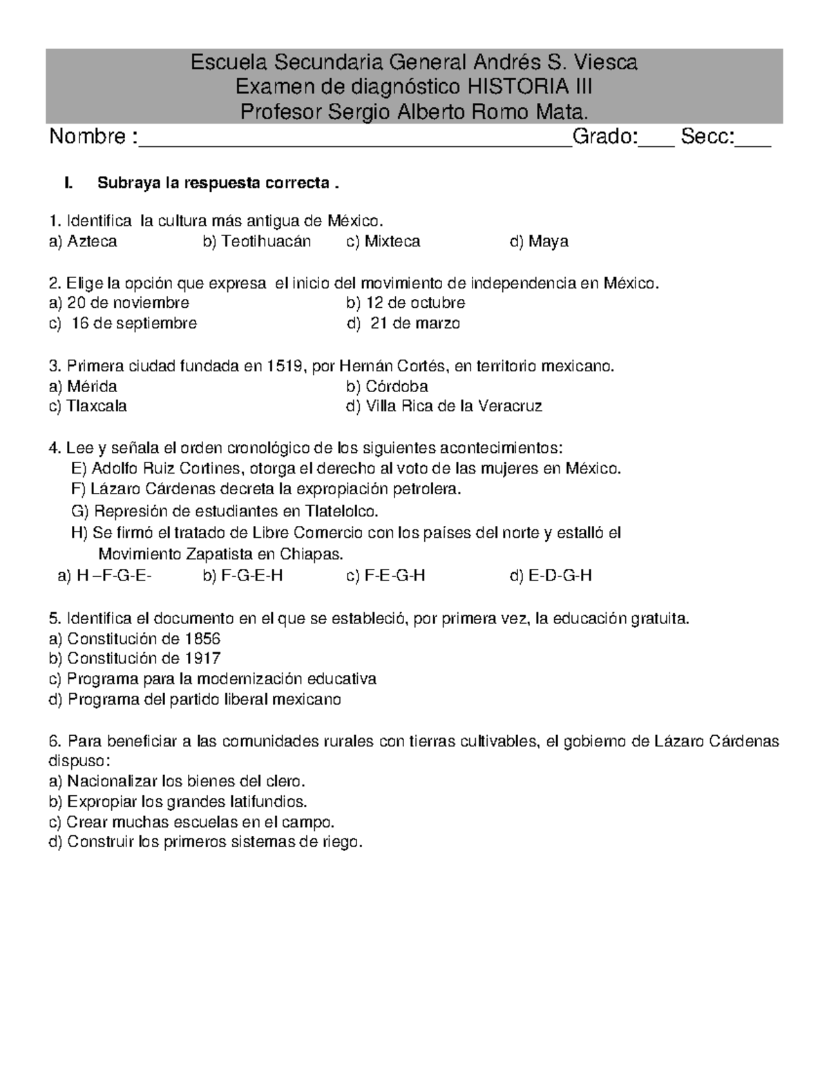 Diagnostico Sergio ROMO Historia 3 - Escuela Secundaria General Andrés ...