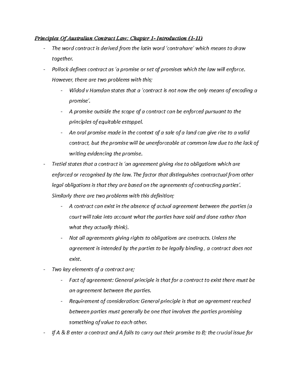 WEEK 1 Readings - WEEK 1 READING NOTES: CONTRACT LAW BASIS - Principles ...