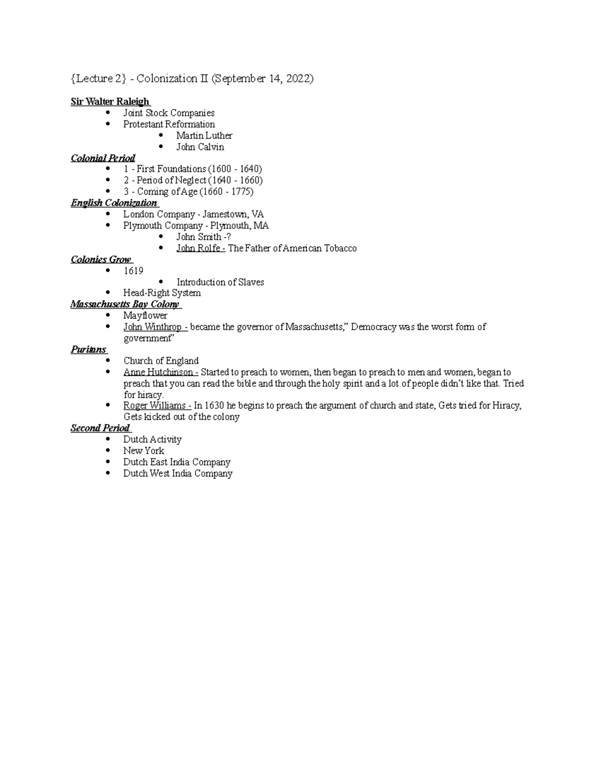 Lecture 2 Notes HIST 2300 - {Lecture 2} - Colonization II (September 14 ...
