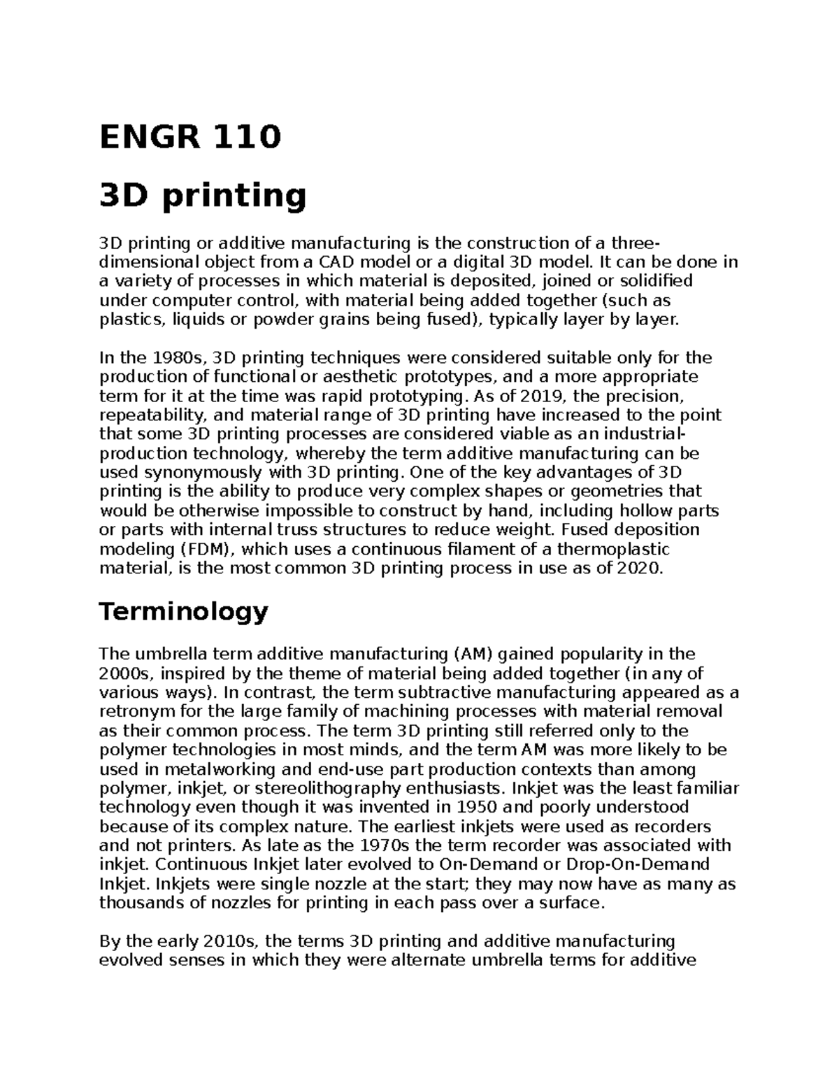 ENGR 110 3D printing - ENGR 110 3D printing 3D printing or additive ...