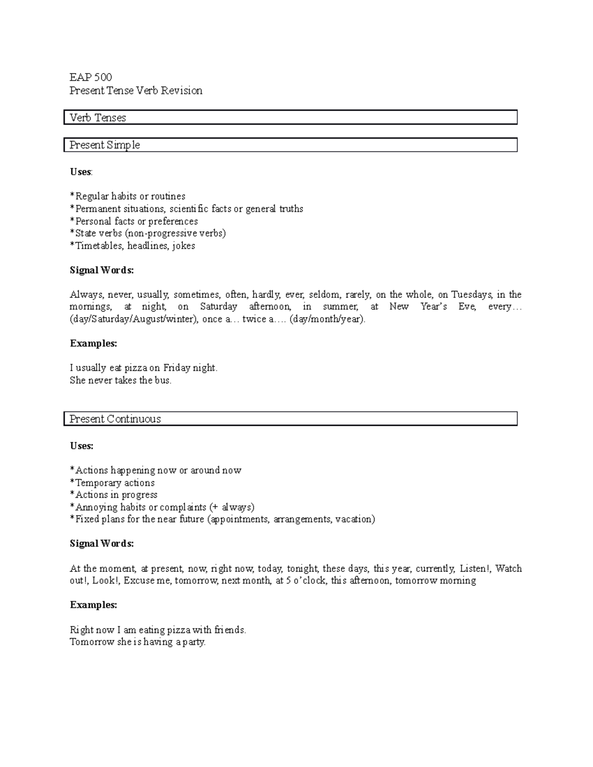 Present verb review sheet - EAP 500 Present Tense Verb Revision Verb ...