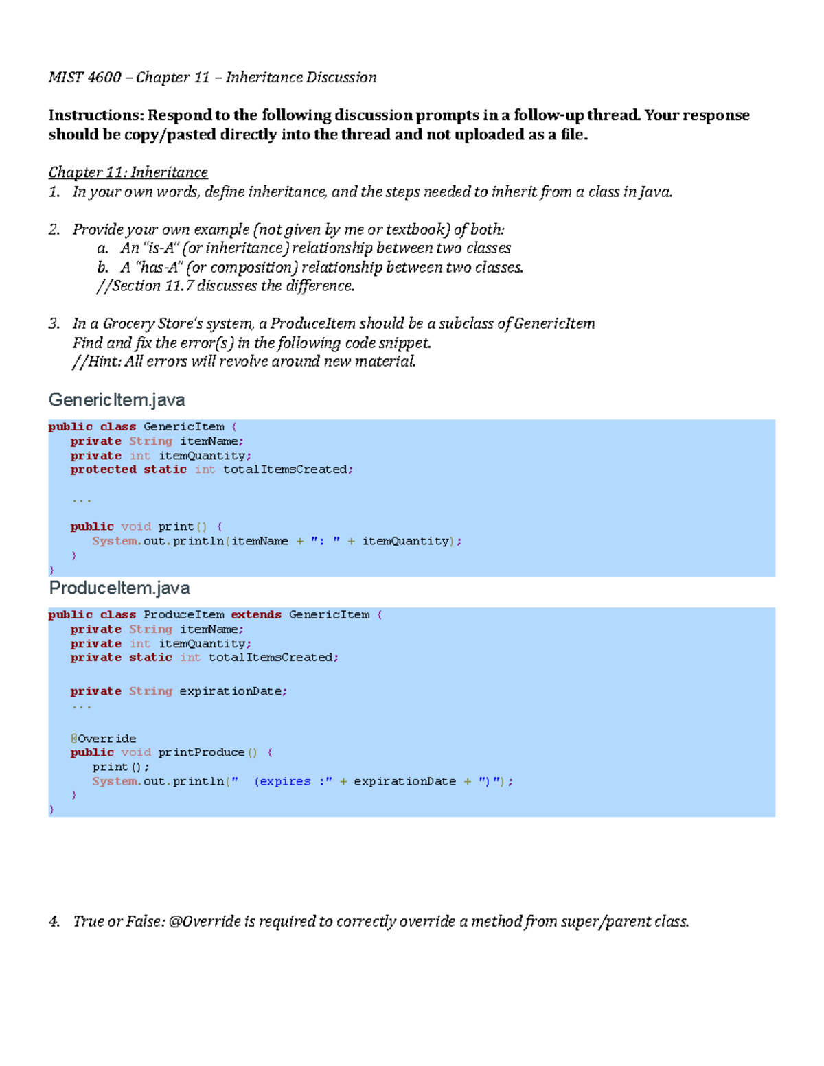 Chapter 11 - Inheritance Discussion - MIST 4600 – Chapter 11 – Inheritance Discussion ...
