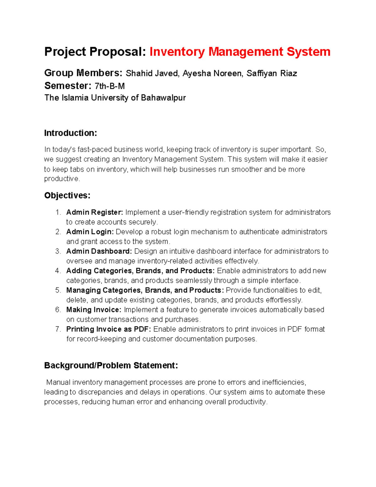 Project Proposal - So, we suggest creating an Inventory Management ...