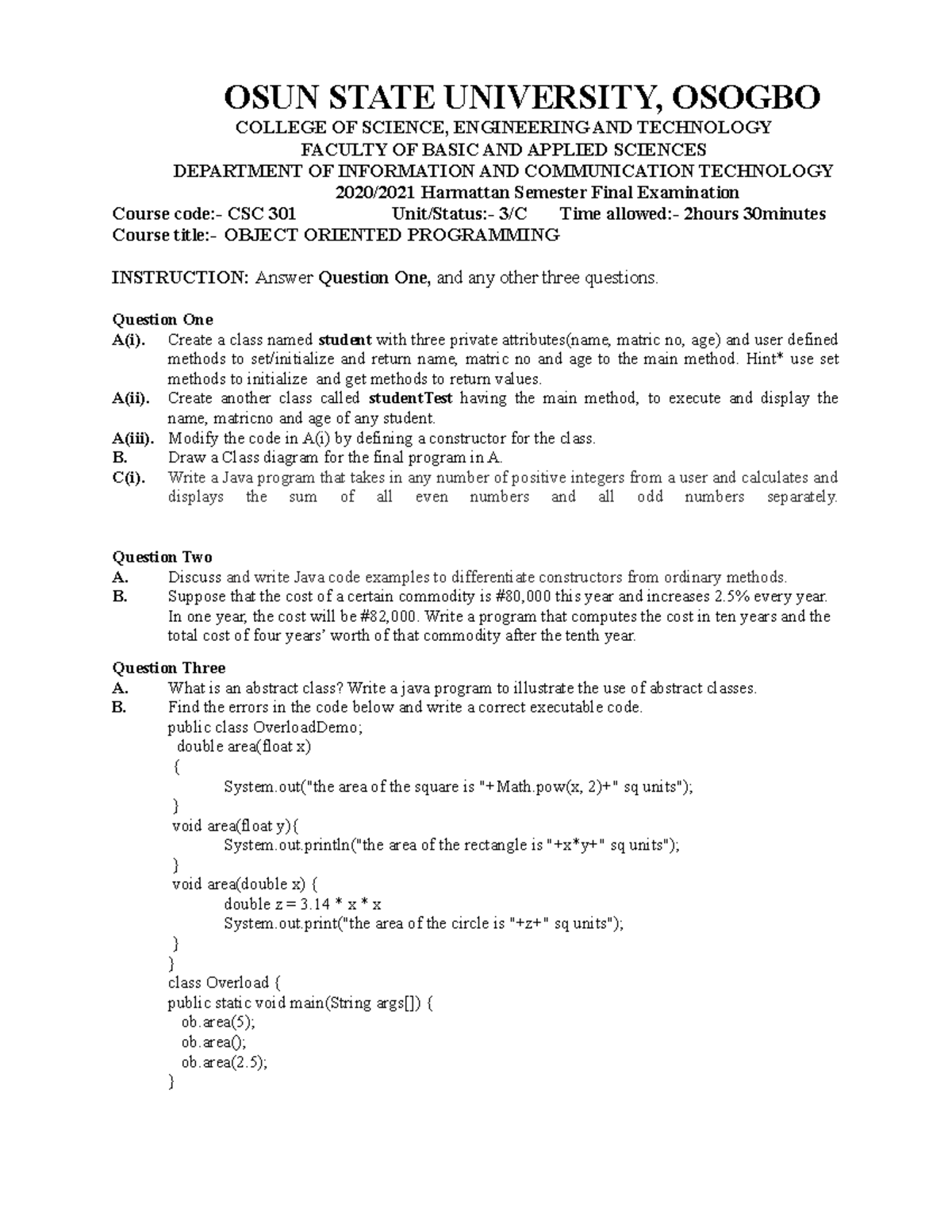 2020 2021 CSC301 Object Oriented Programming - Computer Programming ...
