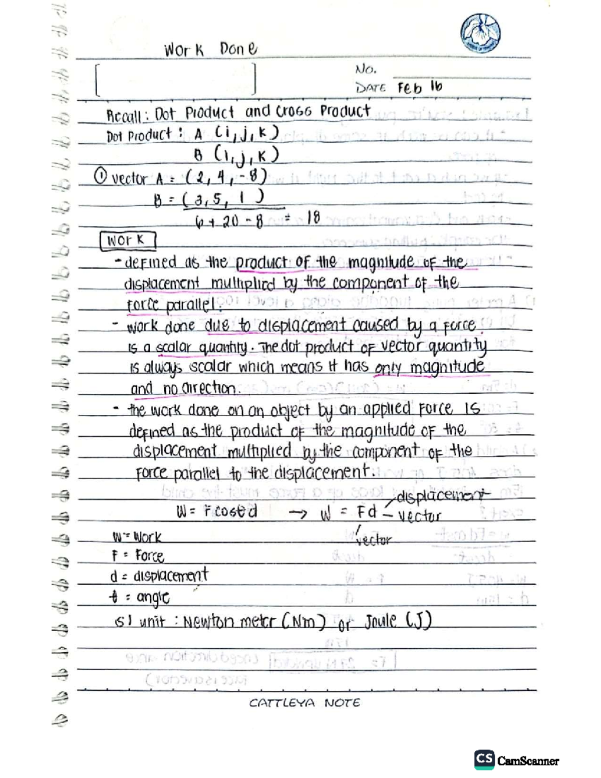 TIP QC General Physics Lecture Work Done - Work Done No. DATE Feb lb Recall: Dot Product and ...
