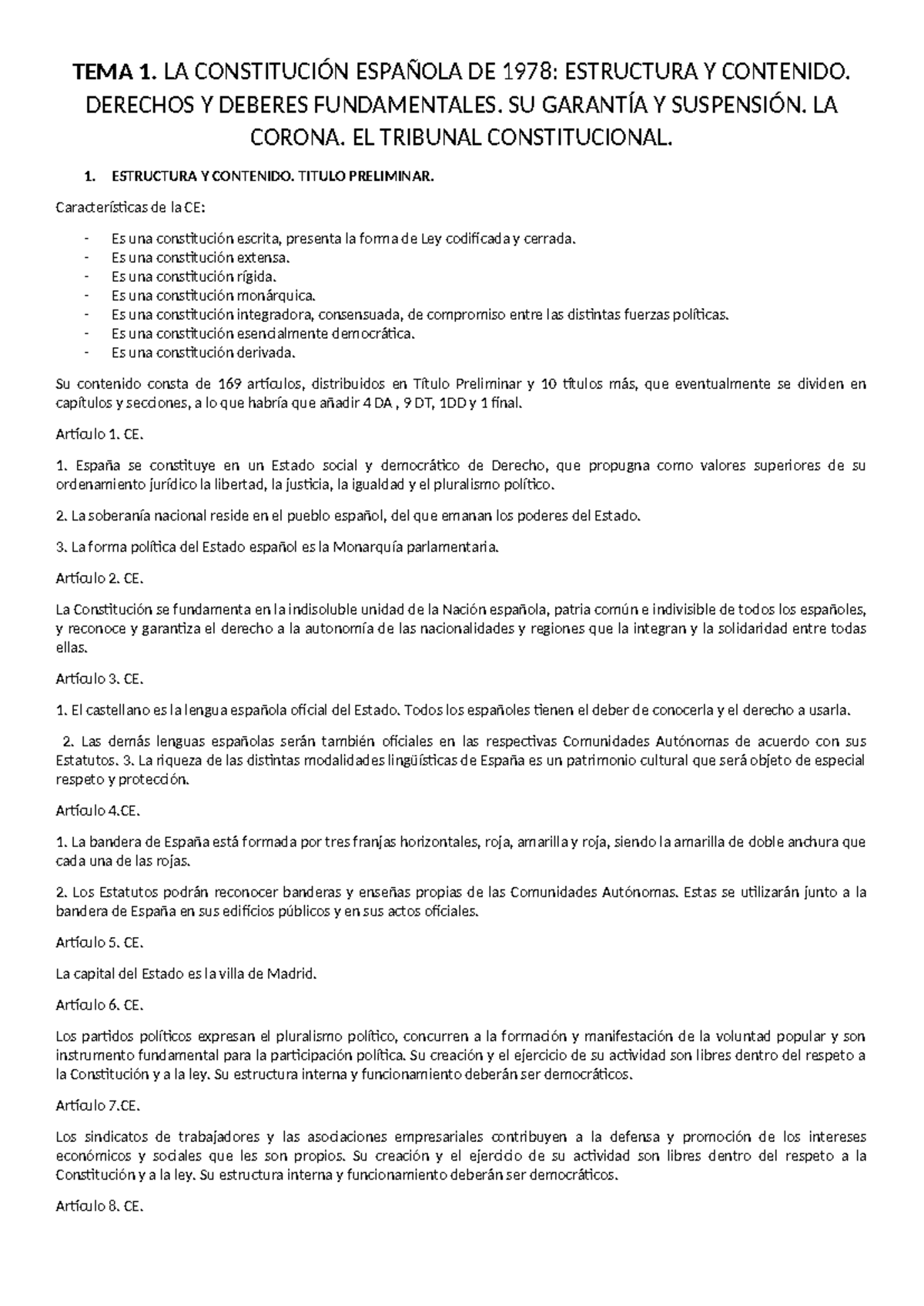 TEMA 1 - TEMA 1 DCHO CONSTITUCIONAL - TEMA 1. LA CONSTITUCIÓN ESPAÑOLA DE 1978: ESTRUCTURA Y ...