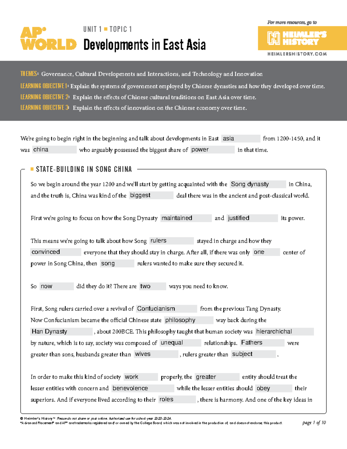 AP World Unit 1 Topic 1 Noteguide copy - Developments in East Asia So ...