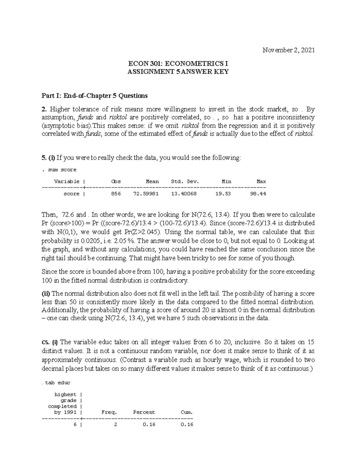 Assignment 5 Answer Key - November 2, 2021 ECON 301: ECONOMETRICS I ASSIGNMENT 5 ANSWER KEY Part ...