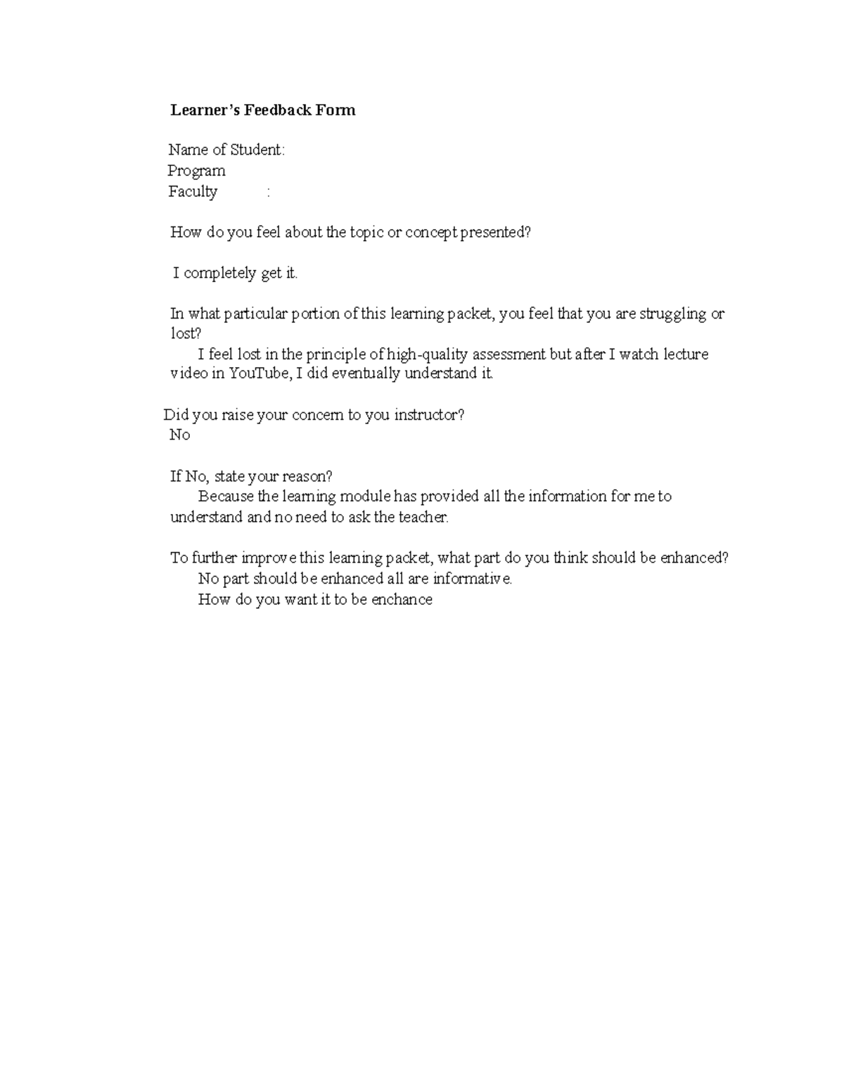 Learner - Feedbacks - Learner’s Feedback Form Name of Student: Program ...