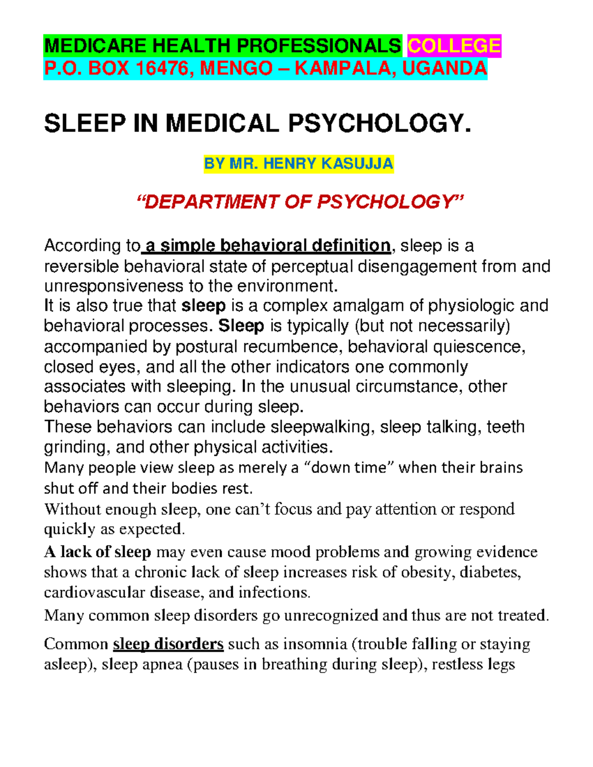 Sleep IN Medical Psychology - MEDICARE HEALTH PROFESSIONALS COLLEGE P ...