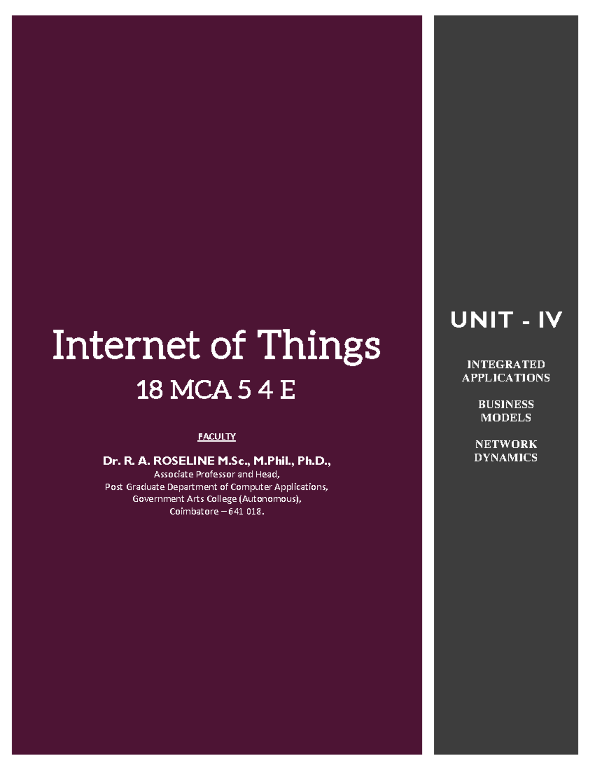 IOT 4th Unit - iot - Internet of Things 18 MCA 5 4 E FACULTY Dr. R. A. ROSELINE M., M., Ph ...