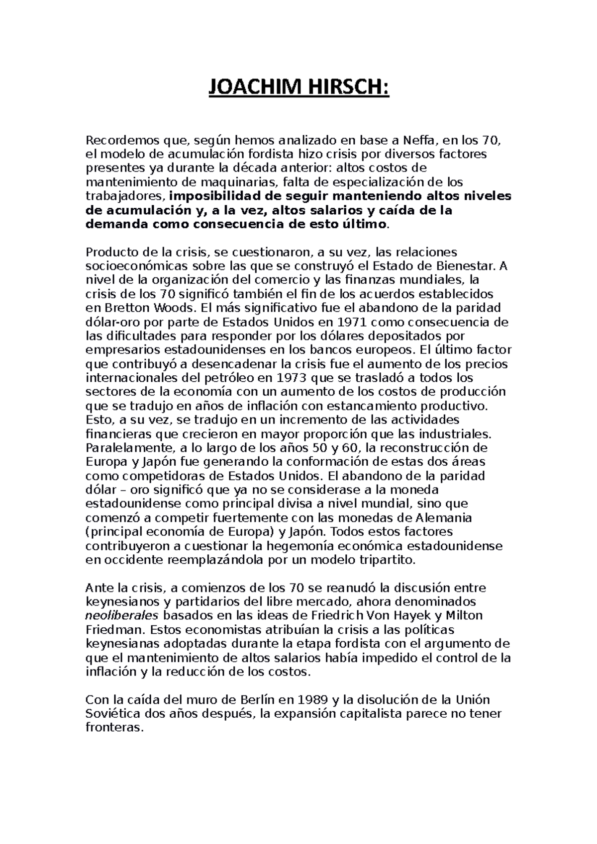 Resumen Parcial Análisis socioeconómico parcial 2 - JOACHIM HIRSCH ...