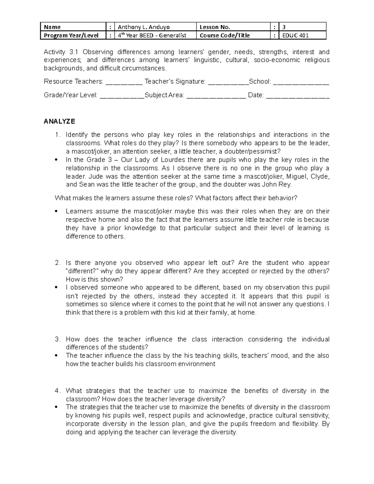EDUC 401 Lesson 3 Anthony L. Anduyo - Program Year/Level : 4 th Year ...