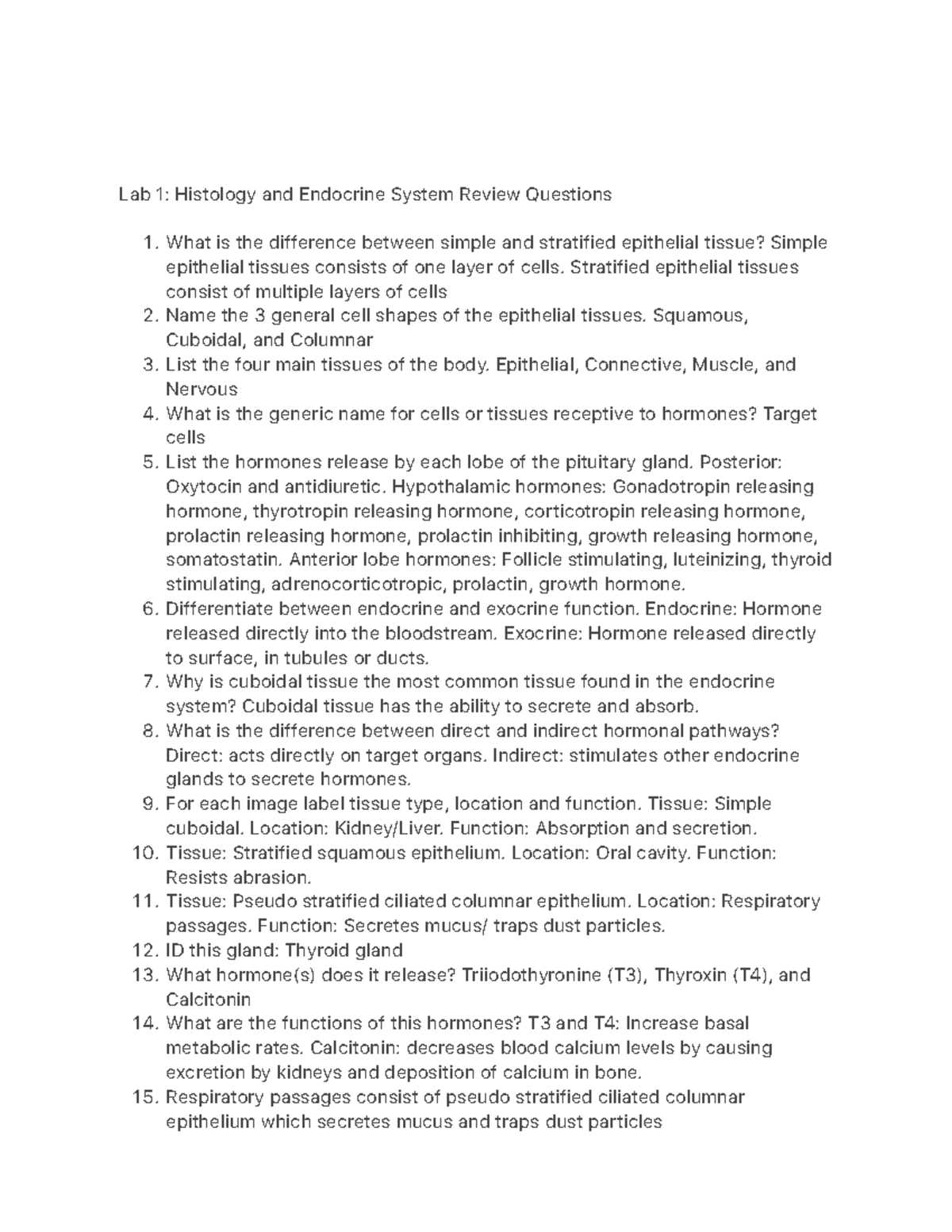 Lab 1: Histology and Endocrine System Review Questions