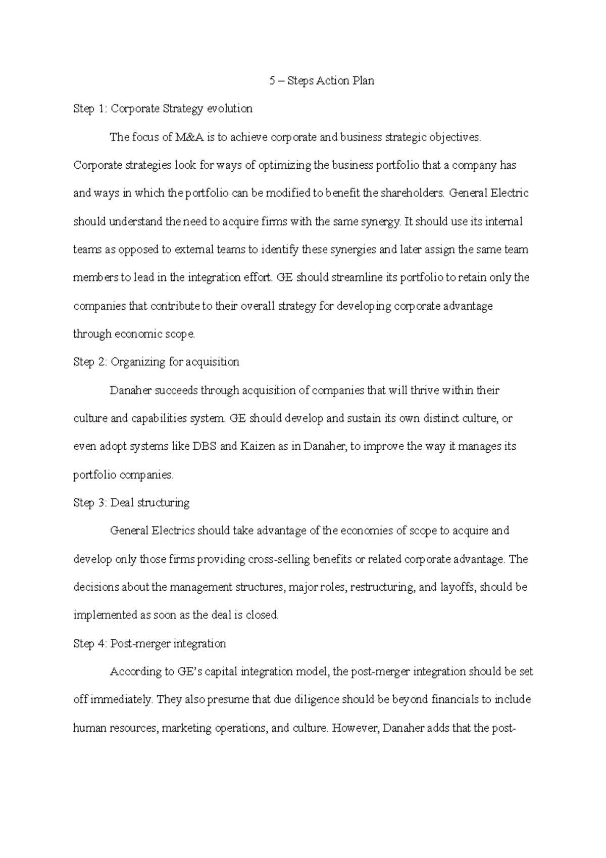 Danaher 5 Action Plan - 5 – Steps Action Plan Step 1: Corporate ...